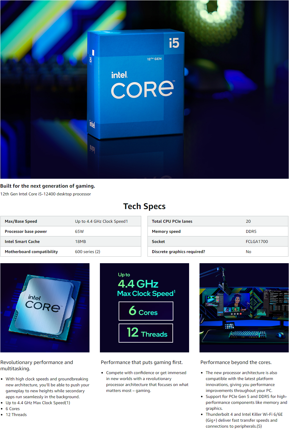 Intel CPU 12th Gen Core i5-12400 Tray Pack, [P-2.5~4.5 GHz, 6 Cores,12 ...