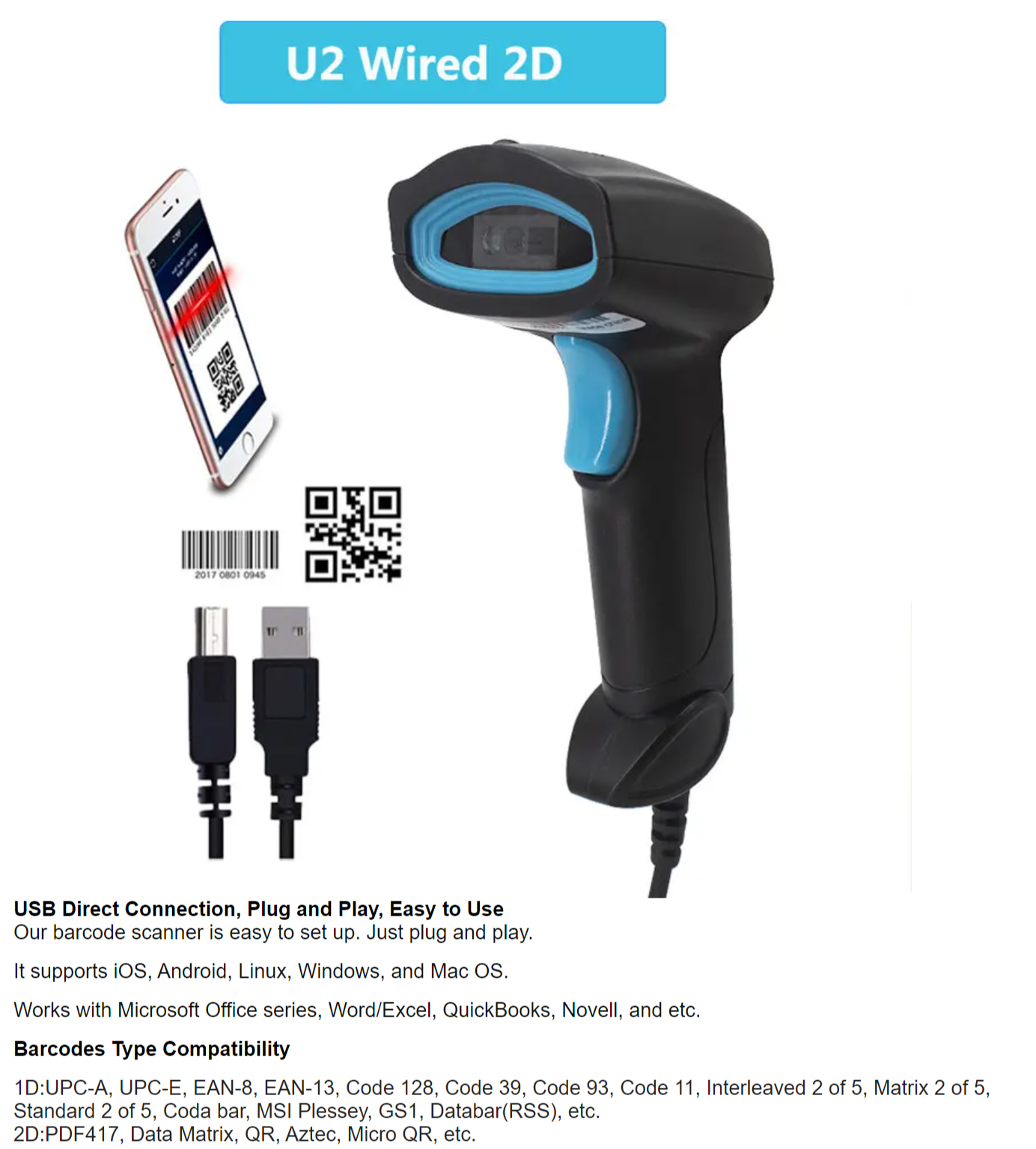 HBAPOS-U2 Barcode Scanner (1D 2D & QR Scan | Wired)